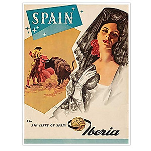 Set of two (2) Spanish Air Lines Travel Poster Prints - Fiesta de Toros Bullfighting Festival in Spain circa 1950 - each measures 12 x 16 inches