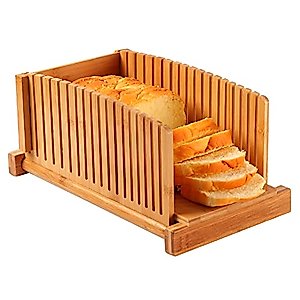 Kiss Core Premium Bamboo Bread Slicer for Homemade Bread, Crumb Catcher, Foldable and Compact Loaf Cutter 3 Size Slicing Guide