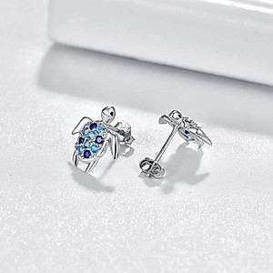 925 Sterling Silver Turtle Studs Earrings with Graduated Blue Cubic Zirconia, Sea Tortoise Nautical Jewelry Mother Day for Women Mom Wife Girlfriend with Box