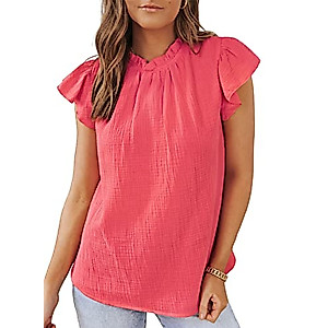 Dokotoo 2023 Stylish Ladies Tops and Blouses Solid Cotton Causal Crewneck Smocked Ruffle Short Sleeve Shirts Comfy Loose Fit Tunic Summer Sexy Tops for Women Rose M