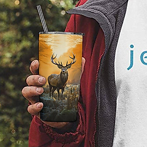 ZXDSKGYN 20 Oz Tumbler With Straw Leak Proof Thermos Cup, Deer In Forest Stainless Steel Insulated Travel Coffee Mug Fit for Car Cup Holder