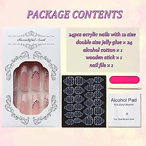 French Tip Press on Nails Long Square Fake Nails 3D Butterfly False Nails White French Tips Square Acrylic Nails Glossy Pink Artificial Nails Full Cover Long Stick on Nails for Women and Girls, 24Pcs