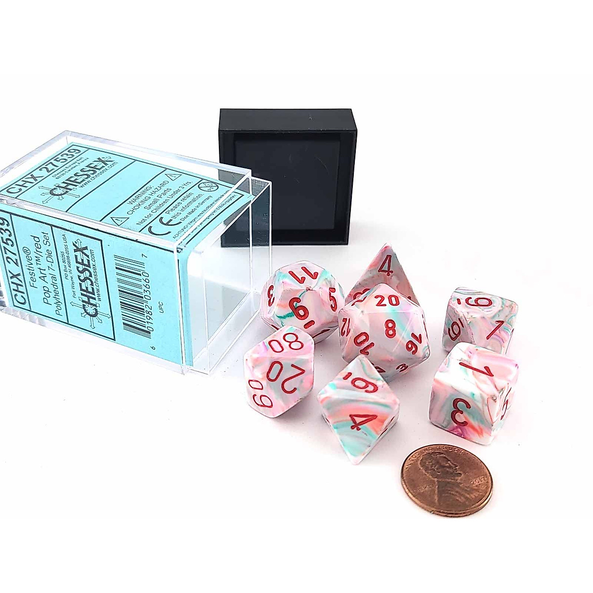 DND Dice Set - Chessex D&D Dice-16mm Festive: Pop Art & Red Limited Edition Plastic Polyhedral Dice Set-Dungeons and Dragons Dice Includes 7 Dice - D4 D6 D8 D10 D12 D20 D%, Pink, (CHX27539)