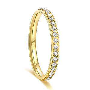 KAZITSAN 2mm Stainless Steel Eternity Rings for Women Cubic Zirconia Gold Engagement Wedding Band Size 8