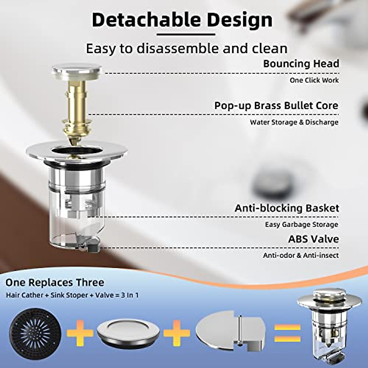 Bathroom Sink Stopper, 3 in 1 Pop Up Kitchen Bathtub Drain Stopper Plug, Sink Strainer for 1.18-1.65", with Shower Drain Hair Catcher Anti-Odor Valve Anti Clogging Bathroom Sink Drain Strainer