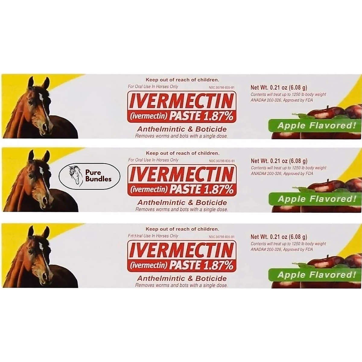Pure Bundles Ivermectin Horse Wormer Paste - 6.08 Grams (3 Pack) + Sticker Included