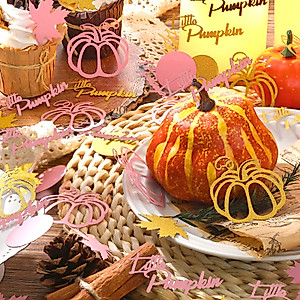400 Pieces Fall Little Pumpkin Maple Leaf Confetti Pink and Gold Pumpkin Baby Shower Decorations Glitter Thanksgiving Table Confetti for Baby Girl Birthday Party Supplies (Vivid Style)