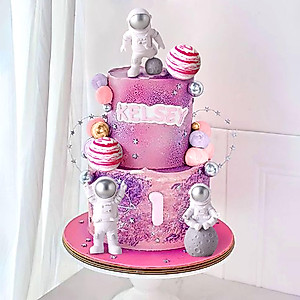 LaVenty Pink Space Cake Toppers Outer Space Astronaut Rocket Stars Cake Decorations for Birthday Party Supplies Baby Shower