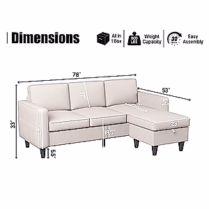 ZeeFu Convertible Sectional Sofa Couch,Modern Beige Linen Fabric Upholstered 3-Seat L-Shaped Sofa Furniture Set with Reversible Storage Ottoman and Pockets for Living Room Small Space Apartment