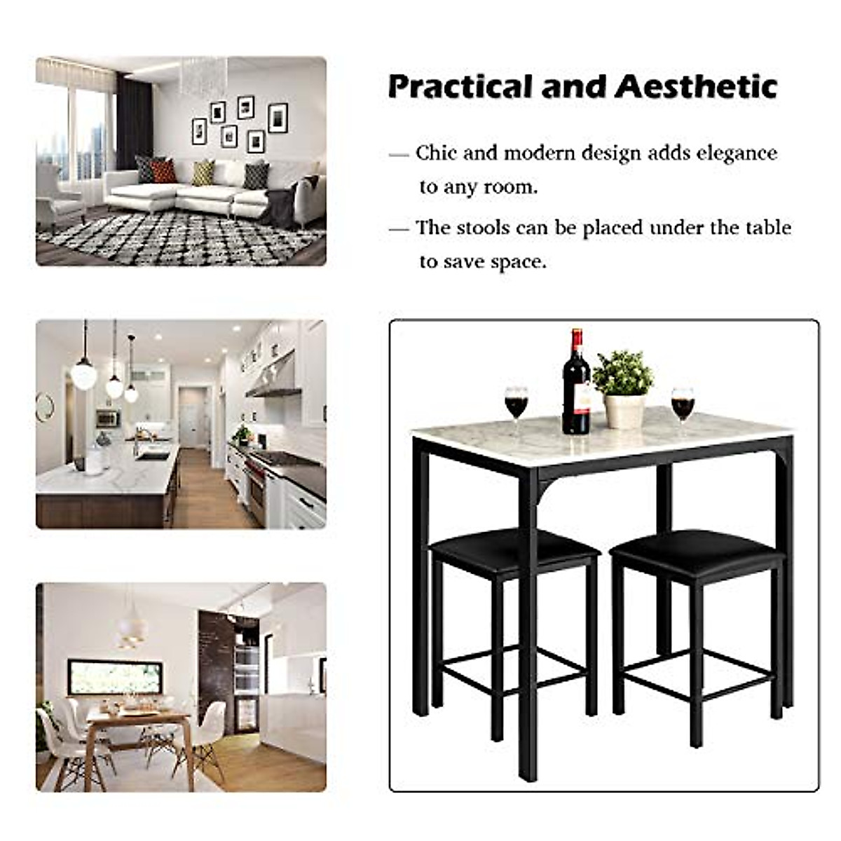 Giantex 3 Pcs Dining Table and Chairs Set with Faux Marble Tabletop 2 Chairs Contemporary Dining Table Set for Home or Hotel Dining Room, Kitchen or Bar (White & Black)