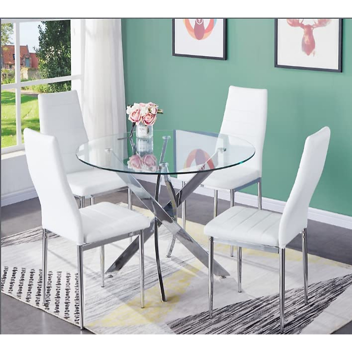 NIERN Round Tempered Glass Dining Table Set for 4, 5-Piece Modern Kitchen Table Set with 4 High-Back Upholstered Chairs for Kitchen Dining Room (Silver Table with White Chairs)