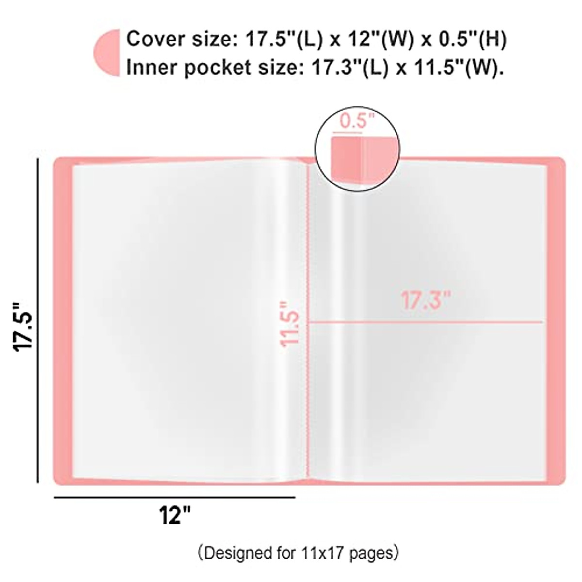 11x17 Portfolio Presentation Book - Art Portfolios 11x17 Binder with 40 Plastic Sleeves for Displaying 80 Pcs 11 x 17" Paper, Artwork, Prints or Posters - Pink
