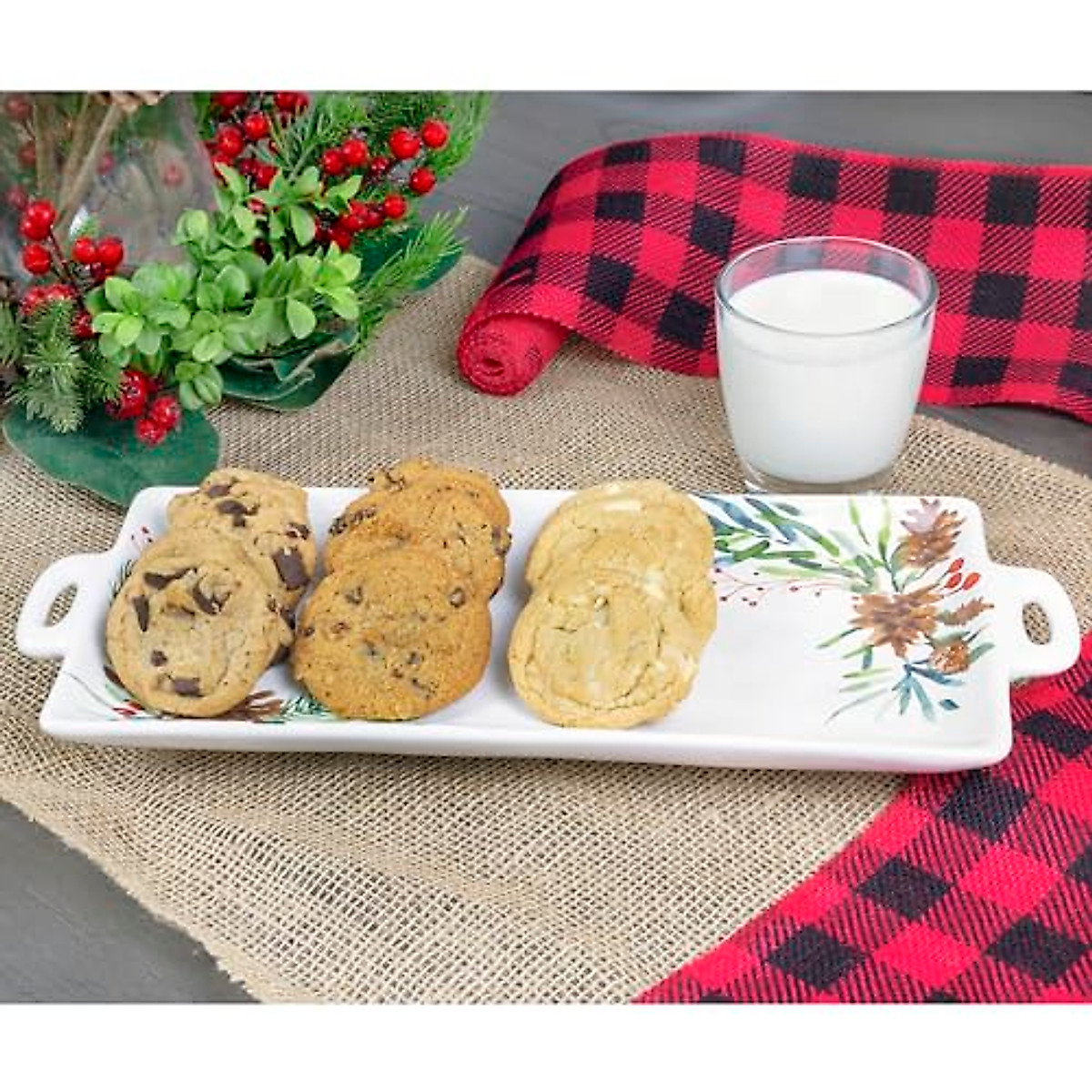 AuldHome Christmas Greenery Ceramic Platter; Long Rectangular Holiday Decorative Serving Tray