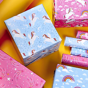 LeZakaa Unicorn Wrapping Paper Roll - 40 x 120 inches per Roll - Unicorn with Clouds and Moon/Rainbow/Star Print for Baby Shower, Kids Birthday - 4 Rolls