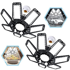 2 Pack LED Garage Light,200W Garage Light 20000lm Deformable Garage Lights Ceiling Shop Light with 7+1 Adjustable Panel,6500K Daylight Folding Screw in Garage Lighting Bulb E26/E27 for Workshop Garage