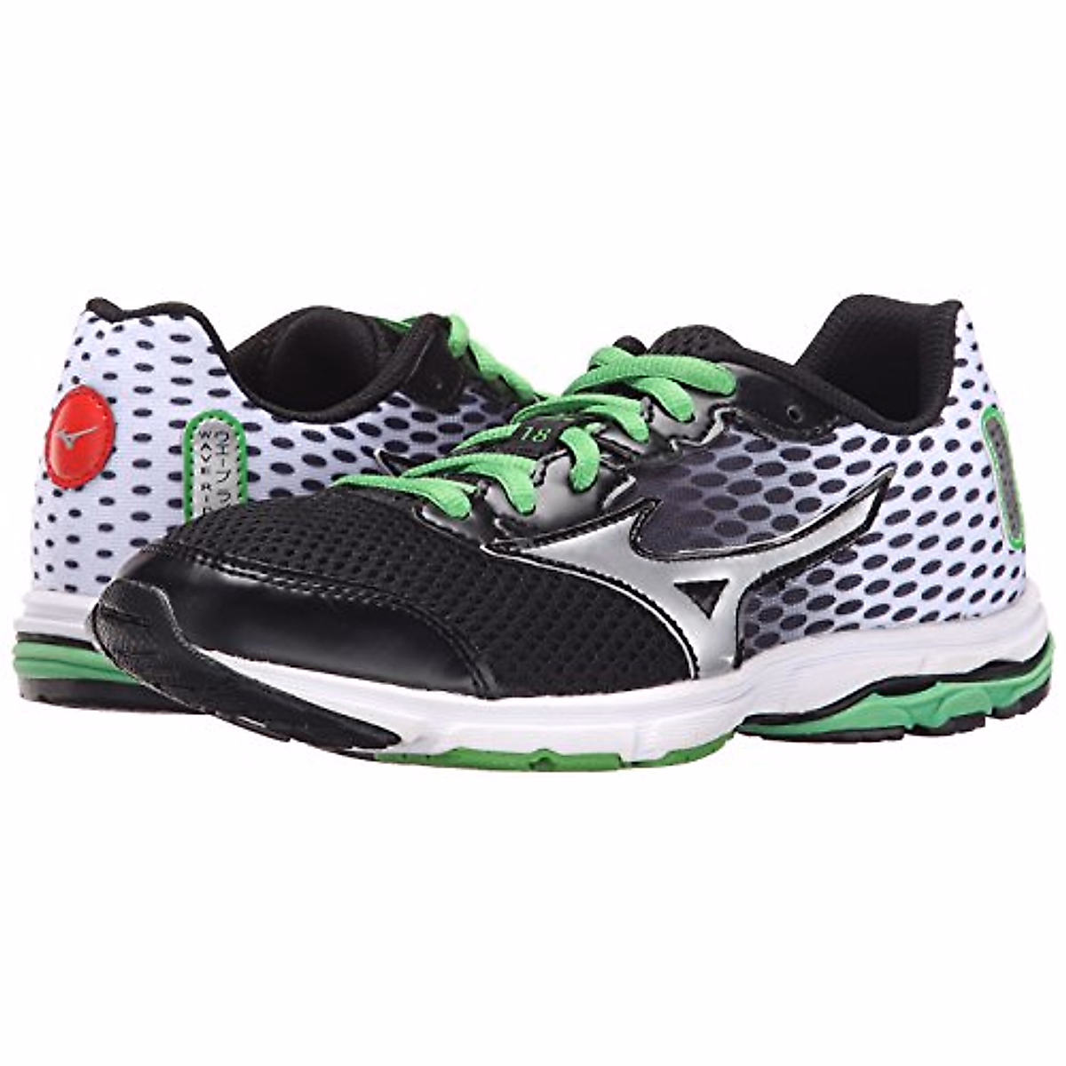 Mizuno Wave Rider 18 Junior Kids Running Shoe (Little Kid/Big Kid), Black/Classic Green, 2.5 M US Little Kid