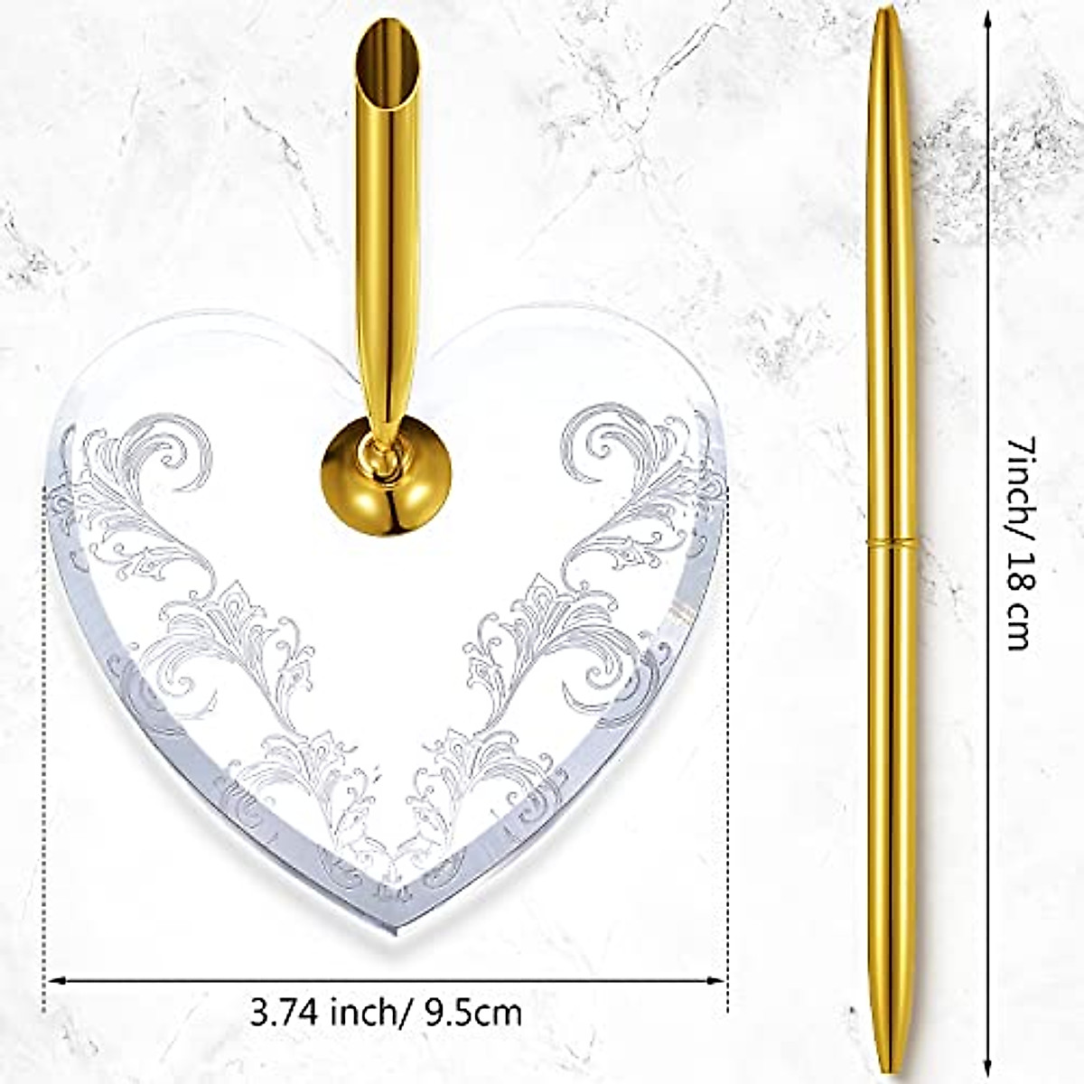Outus 2 Pieces Acrylic Heart Pen Holder Signing Pen Set Hollow Round Pen Holder Stand for Wedding Bridal Engagement Guests Book Graduation Ceremony Valentine's Day Favor (Gold Heart Style)
