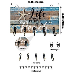 Key Holder for Wall Ocean Beach Starfish Wood Wall Mounted Key Hooks Hang Key/Dog Leash/Sunglasses Summer Farmhouse Navy Blue Key Rack Organizer with 5 Hooks for Home, Entryway, Hallway