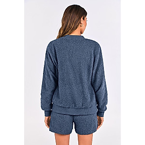 PRETTYGARDEN Women's Fall 2 Piece Outfits Casual Zip Up Teddy Fleece Jacket And Lounge Shorts Jogger Sets (Grey Blue,Large)