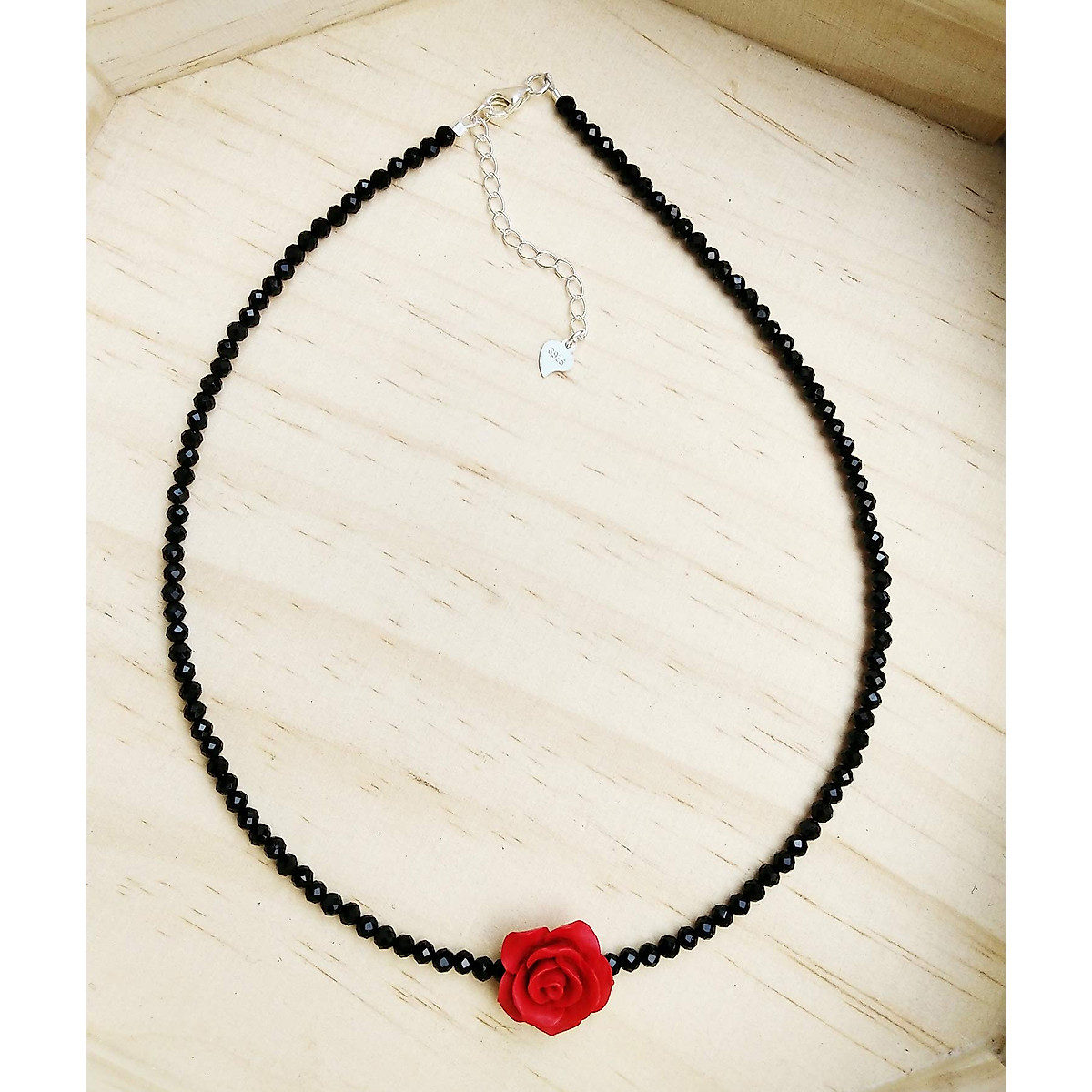 CF100 Black Choker With Red Rose, 925 Sterling Silver Black Spinel Beads Flower Red Rose Choker 13+2” (Red Rose