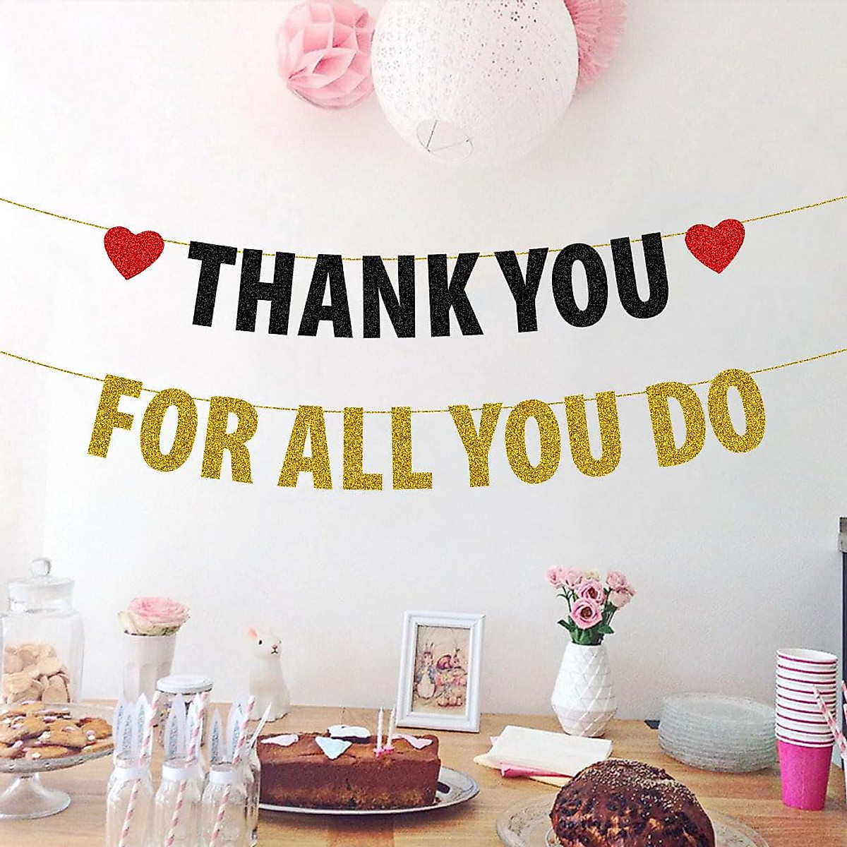 Thank You for All You Do Banner Black & Gold Glitter Staff/Employee/Teacher/Doctor/Nurse/Pastor Appreciation Bunting Banner Party Decorations