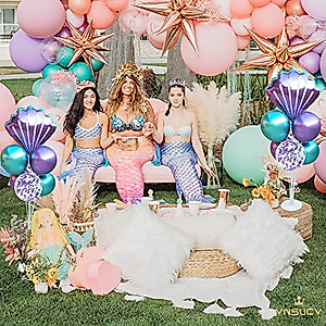 Mermaid Table Centerpiece Balloons Stand Kit 2 Sets with 2 Sea Shells Foil Balloons 14 Purple Blue Latex Balloons for Birthday Beach Mermaid Theme Sea Theme Party Mermaid Birthday Decorations