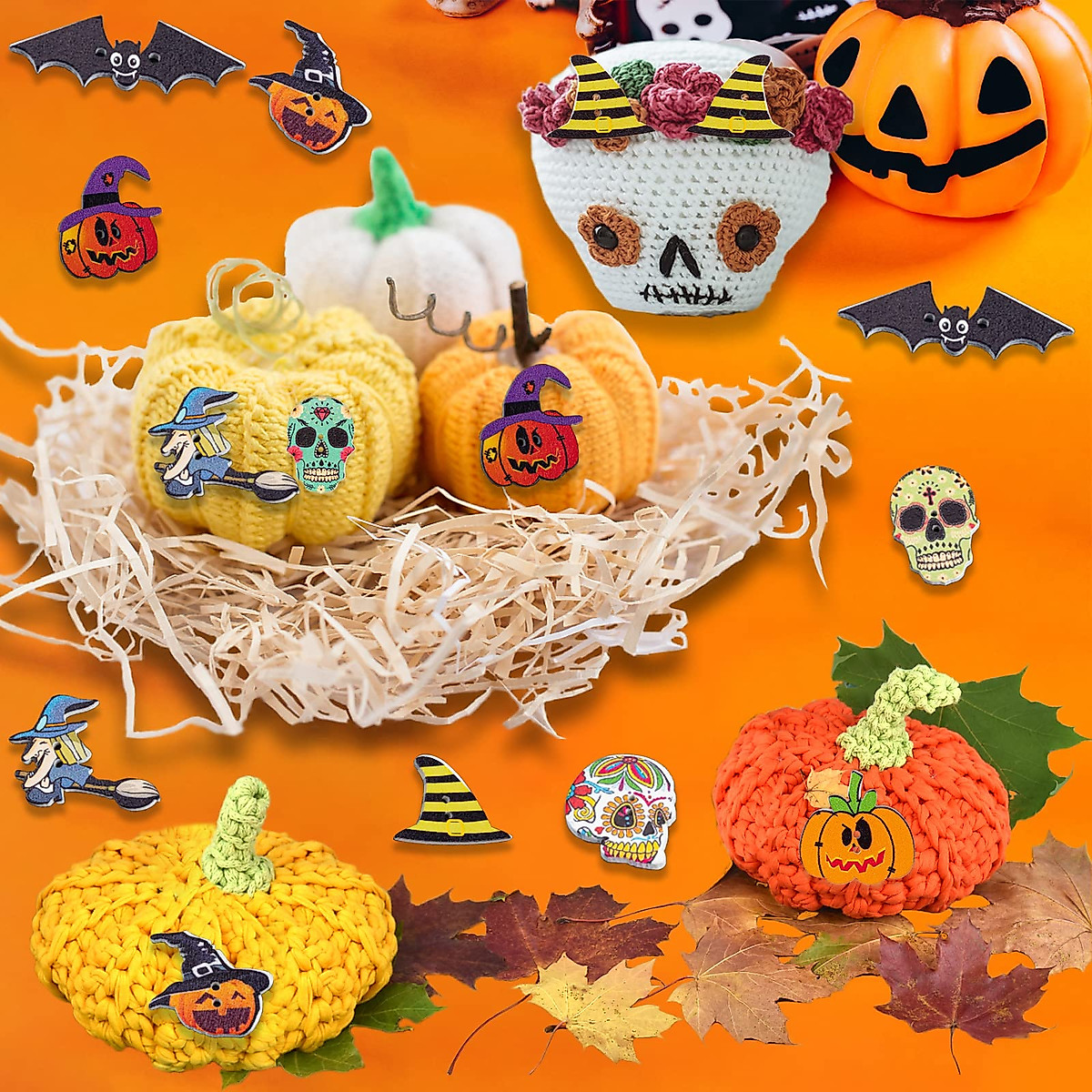 Halloween Buttons for Crafts - 200 Pcs Halloween Pumpkin Skull Witch Bat Shaped Wooden Fall Buttons for Crafts Sewing Clothes Accessories Scrapbooking DIY Halloween Decorative Embellishments 1 in