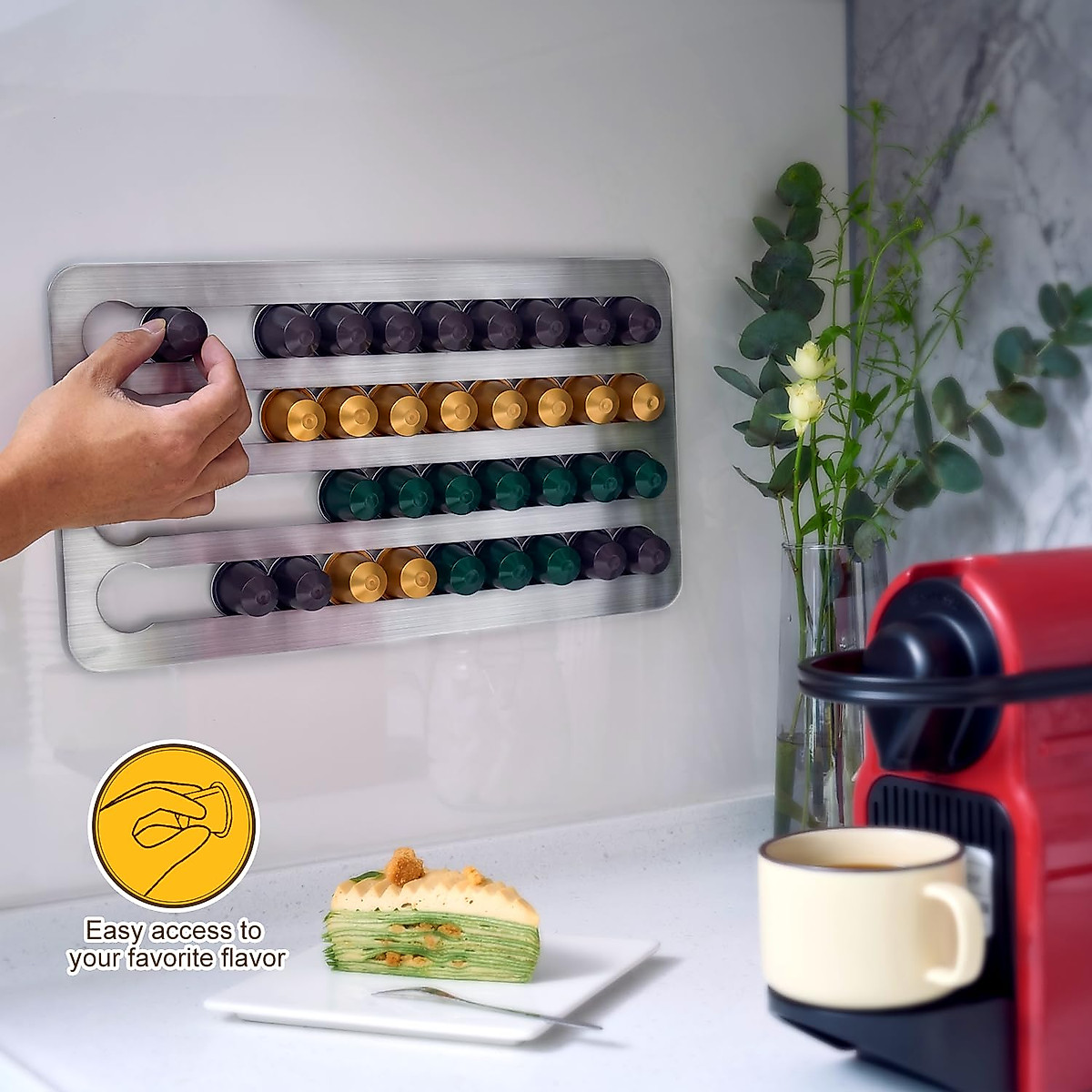 CusieryMax Coffee Pod Holder, Stainless Steel Adhesive 40pcs for Nespresso Original Line Pods, Coffee Pod Organizer Suitable for Kitchen Walls and Cabinets