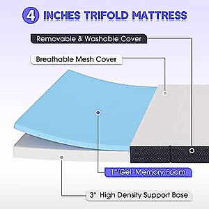 4 inch Memory Foam Tri Folding Mattress/Portable Foldable Mattress Topper with Washable Cover Non-Slip Bottom for Camping, Guest, Floor RV, CertiPUR-US Certified,Small Twin