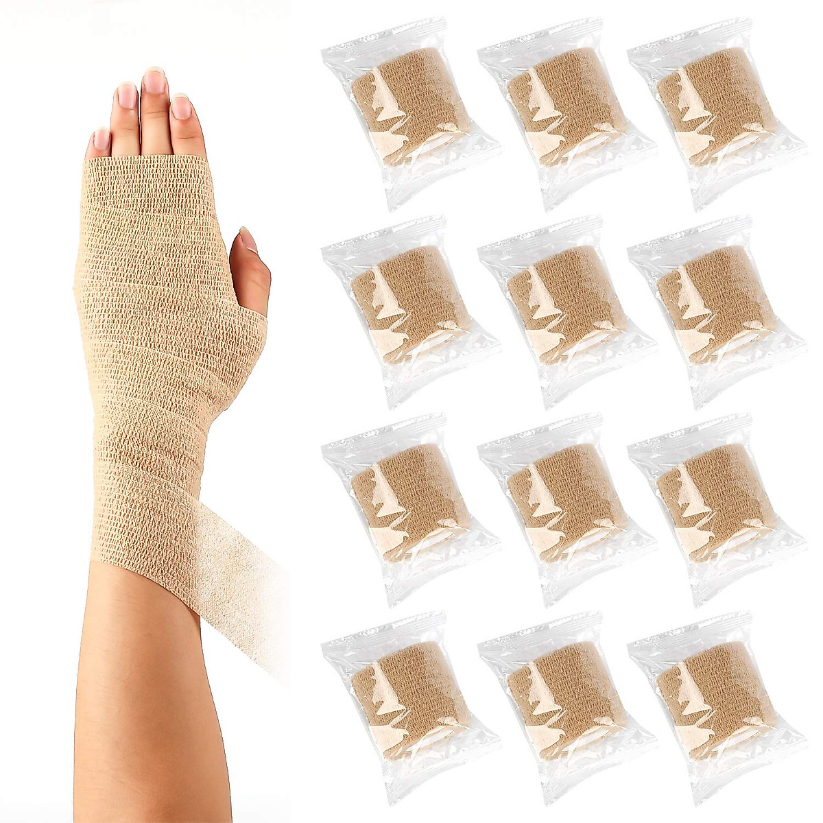 12 Pack Self Adherent Cohesive Wrap Bandages 2 Inches X 5 Yards,First Aid Tape, Elastic Self Adhesive Tape, Athletic, Sports wrap Tape, Bandage Wrap for Sports, Wrist, Skin Colour Athletic Tape
