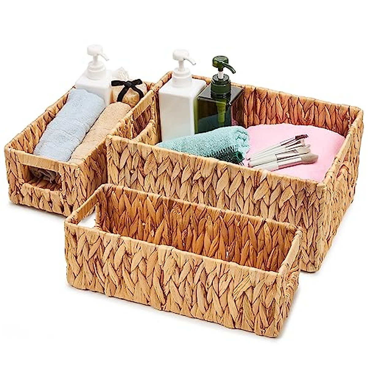EZOWare Natural Water Hyacinth Baskets, Set of 3 Woven Wicker Rectangular Storage Organizer Bin Boxes with Handles for Closet Toys Clothes Kids Room Nursery - 2 Sizes