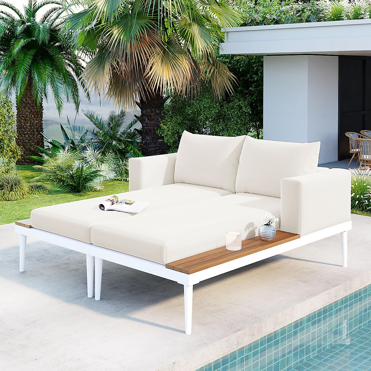 VilroCaz Modern Outdoor Patio Daybed with Wood Topped Side Spaces for Drinks, All Weather Chaise Lounges Reclining Chairs with Fixable Cushion for Garden Balcony Poolside Deck (Beige-T)