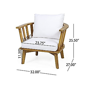 Christopher Knight Home Dean Outdoor Wooden Club Chair with Cushions, White and Teak Finish