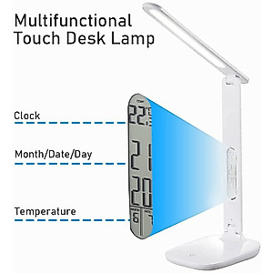 LED Desk Lamp with Time, Date, Temperature Display, 3 Modes Lighting/Brightness Adjustable Bedside Table Lamp, Touch Control Eye-Caring Night Light for Home Office (White)