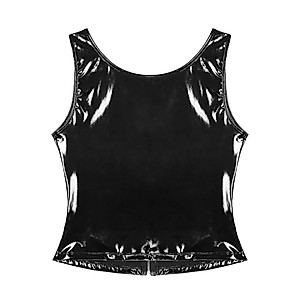 Oyolan Sexy Women PVC Leather Wet Look Zipper Open Crop Tank Tops Latex Moto Biker Punk Tops Blouse Black Large