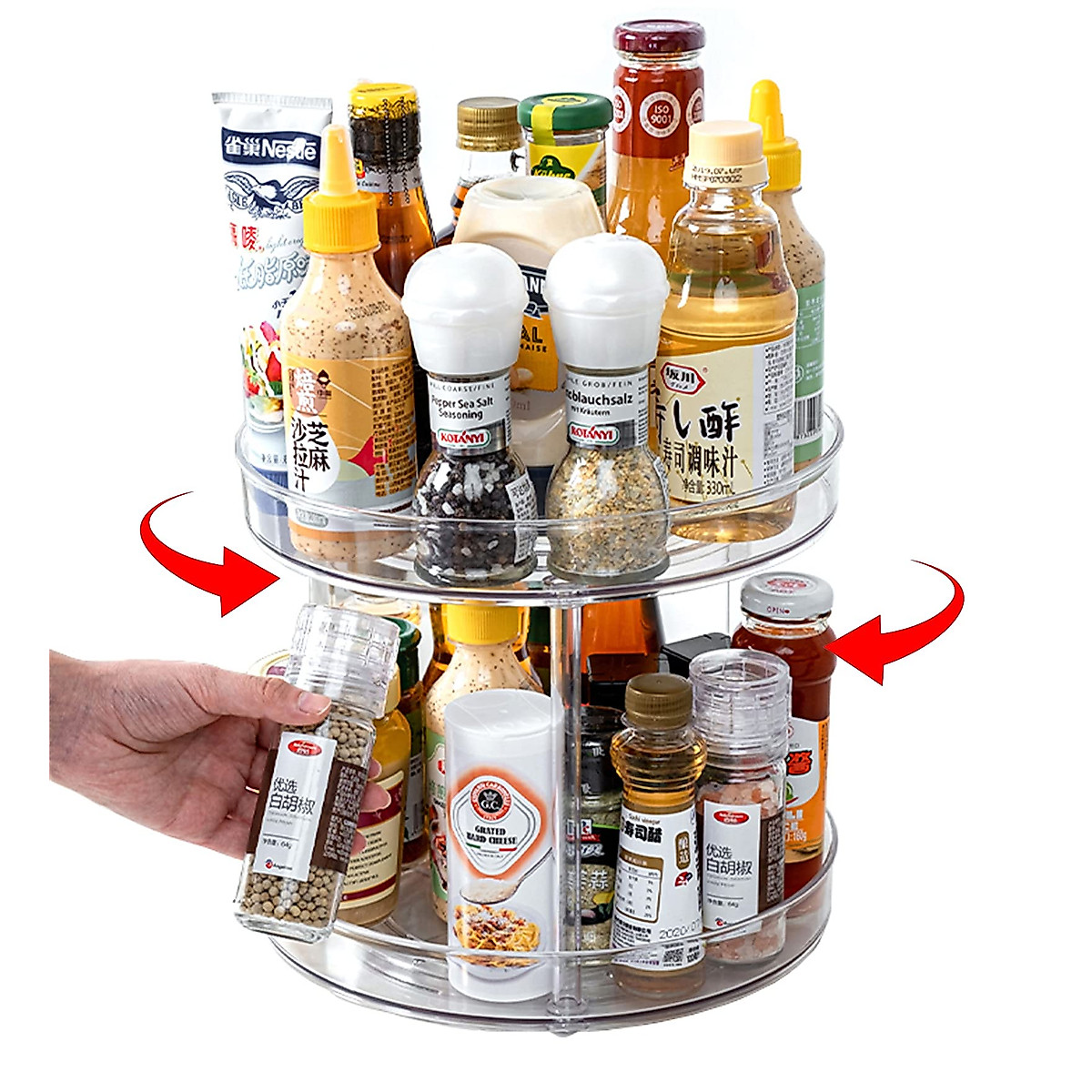 Amasses 2 Tier Clear Lazy Susan Organizer, 360 Degree Rotating Round Lazy Susan Turntable 9" Non-Skid Rotating Organization Storage Container for Kitchen, Cabinet, Pantry