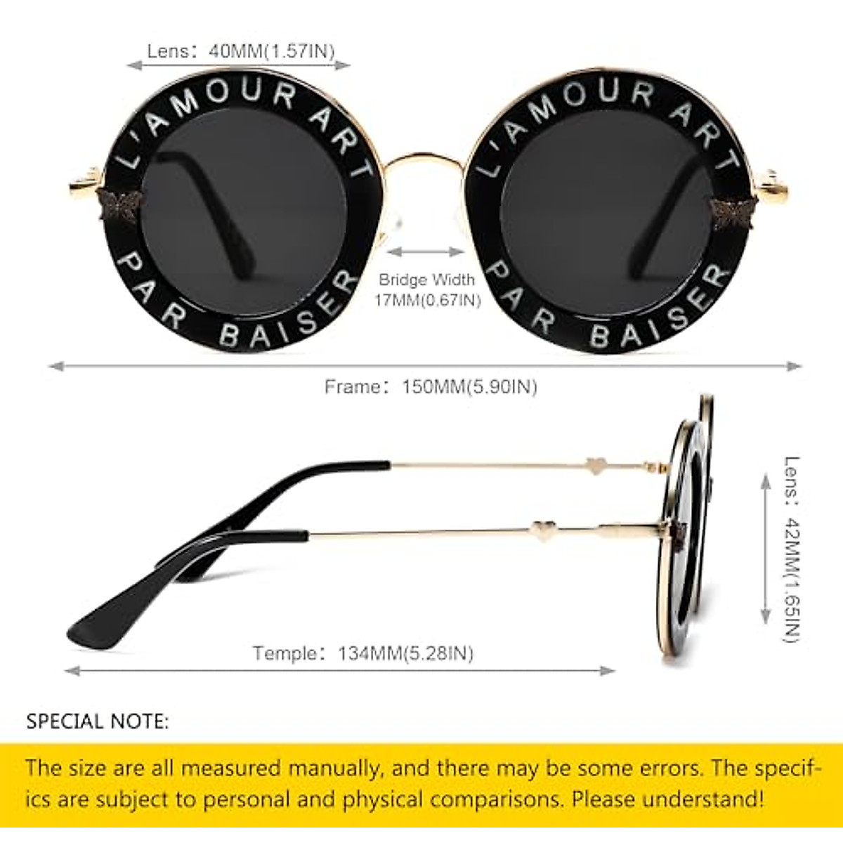 SHEEN KELLY Retro Round Sunglasses for Women Men bee Fashion Black Shades Metal Frame Sunglasses Chic Style Unisex Glasses