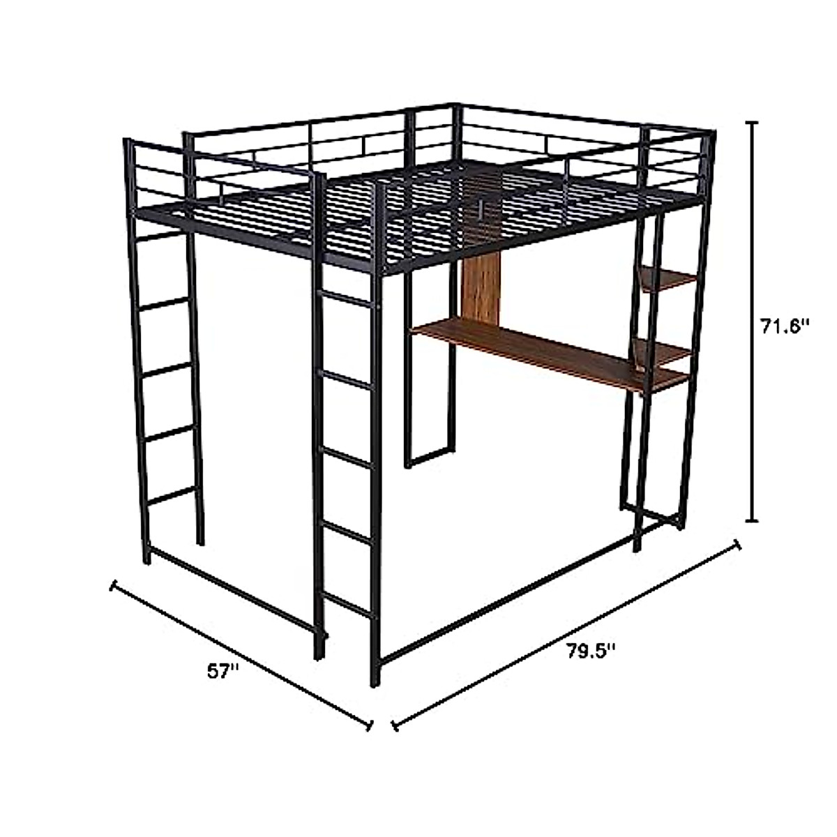 ATY Metal Full Size Loft Bed with 2 Shelves and 1 Desk, Sturdy Bedframe w/Two Ladders & Safety Rails for Kids Teens Adults, No Box Spring Needed, Black