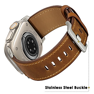 UUPWPOKT Compatible with Apple Watch Ultra 2 / Ultra Band 49mm 45mm 44mm 42mm Men Women, Top Grain Genuine Leather Band Strap for iWatch Ultra Series 9 8 7 6 5 4 3 2 1 SE, Retro Brown/Titanium