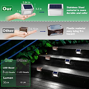 JSOT Outdoor Fence Lights,12 Pack Solar Powered Deck Lights Waterproof Stairs Light Stainless Steel Security Wall Lamps for Step Walkway Patio Garden Pathway - Cool White