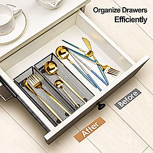 9 x 3 x 2 Inch Silverware Drawer Organizer, 6 Pcs Metal Mesh Drawer Organizer for Kitchen, Black Utensil Organizer, Silverware Tray with Interlocking Arm for Flatware Knives Forks and Spoons
