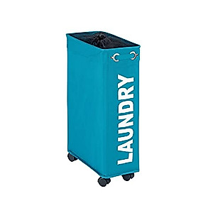 WENKO Corno Slim Laundry Basket with Wheels, Thin Laundry Hamper, Rolling Laundry Bin with Lid, Space Saving Narrow Laundry Hamper for dirty Clothes Storage, 23.6 x 15.7 x 7.3 inch, Petrol