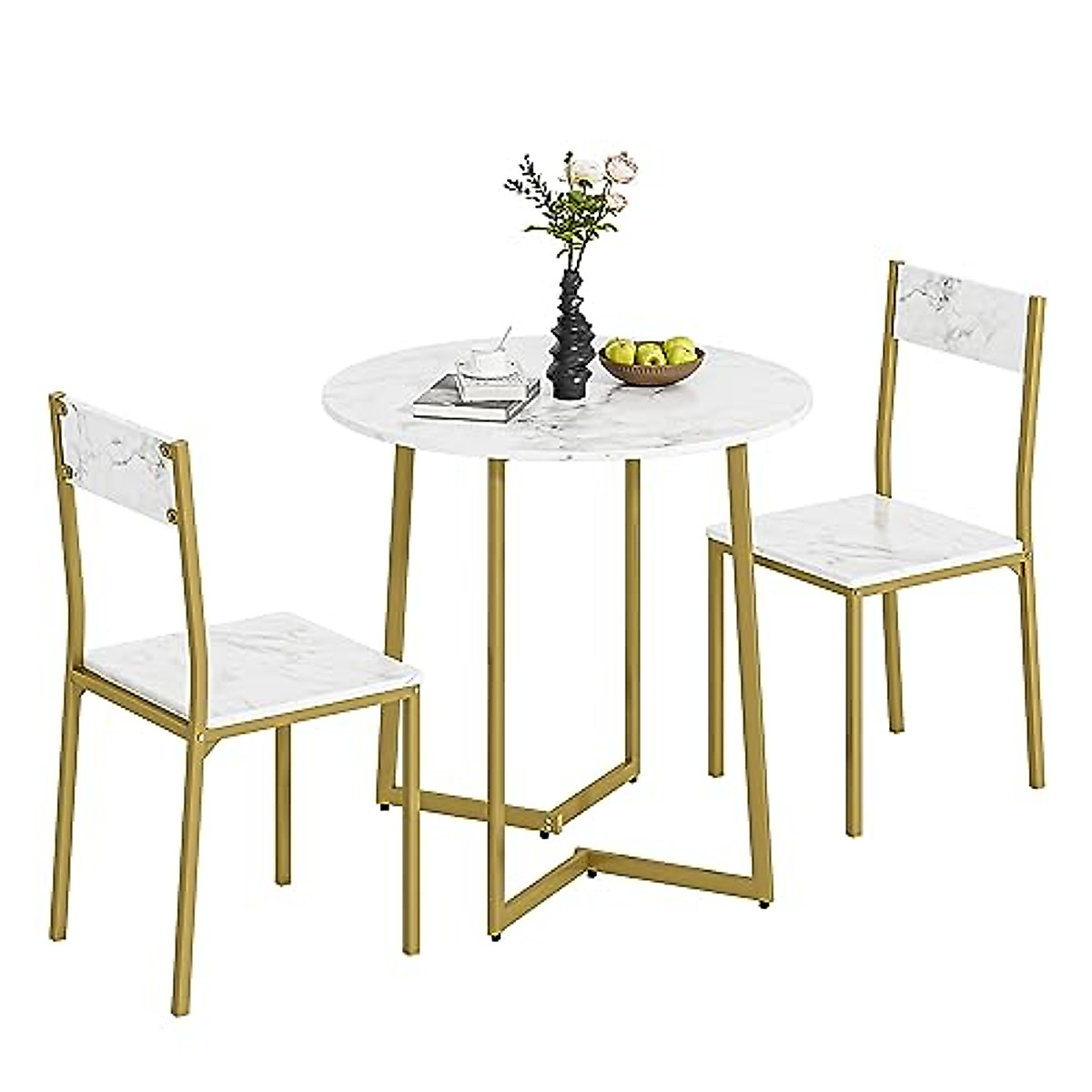 Masupu Small Round Dining Table Set for 2, Wood Marbled Tabletop with Steel Frame, Modern Dinette with Chairs for Kitchen Breakfast Nook Living Room, White and Gold