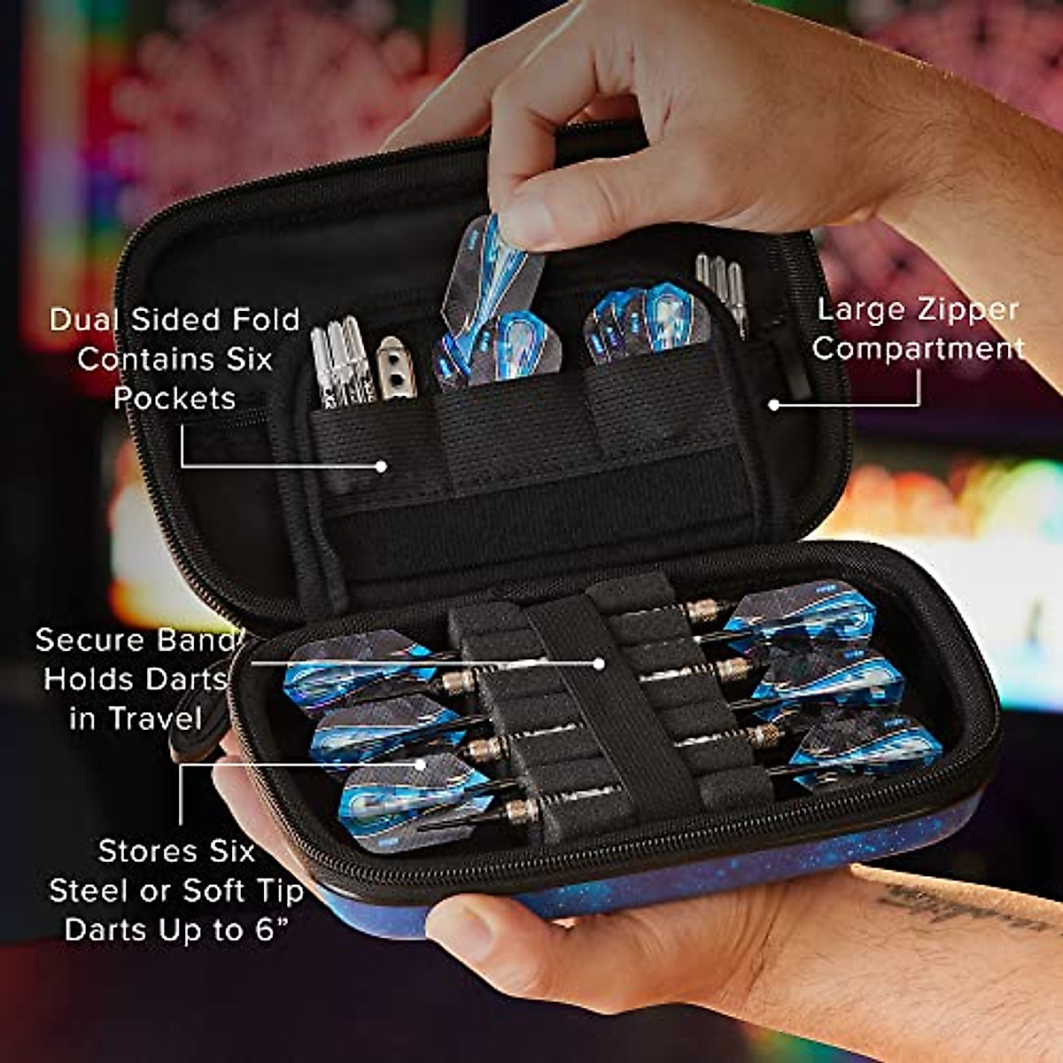 Casemaster Sentinel 6 Dart Case, Holds Extra Accessories, Tips, Shafts and Flights, Compatible with Steel Tip and Soft Tip Darts, Impact & Water Resistant Tactech Shell, Galaxy