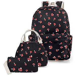 Mushroom School Bag 3-in-1 Kids Bookbag Set, Junlion Laptop Backpack Lunch Bag Pencil Case Gift for Teen Girls Womens