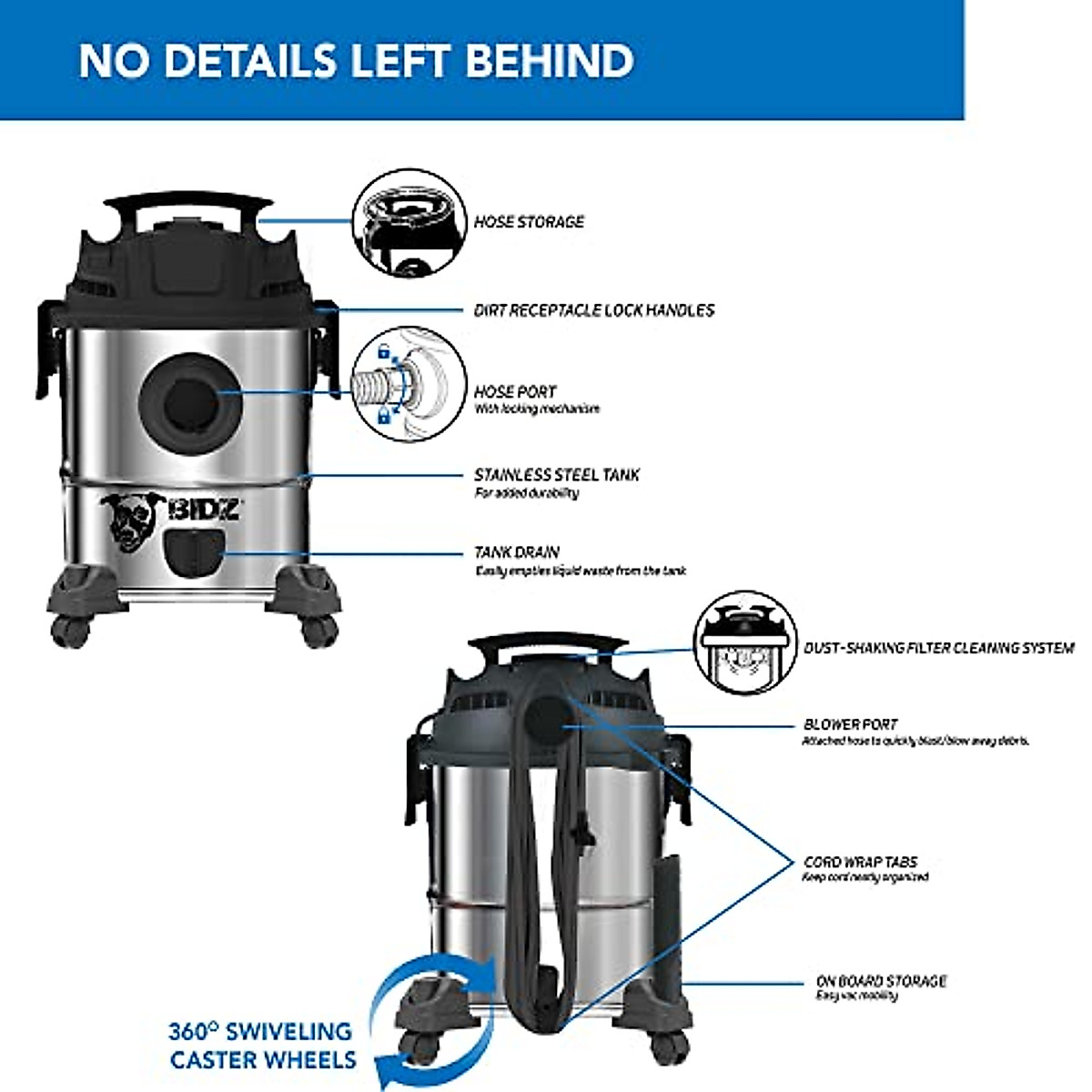 BIDZ 5 Gallon, Powerful 5 Peak HP Motor, 63.5'' Water Lift Suction Power, Heavy-Duty Stainless Steel Semi- Commercial Shop Vacuum System, Commercial Grade 8FT Hose, Black (WD-512-SS-BIDZ)