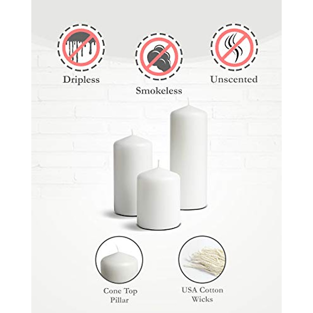 Cone Top Pillar Candles by Bask - Set of 3-3" x 4", 6", and 8" Dripless Unscented Candles in White for Home Decor, Relaxation & All Occasions