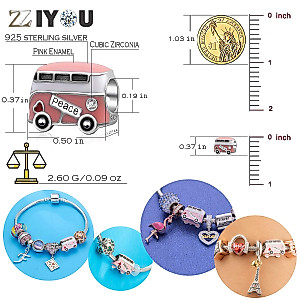 Pink Peace Bus Charms, 925 Sterling Silver with Enamel, Mini Beads fits Pandora Women Bracelets, Gifts for Travel/Mothers Day/Christmas