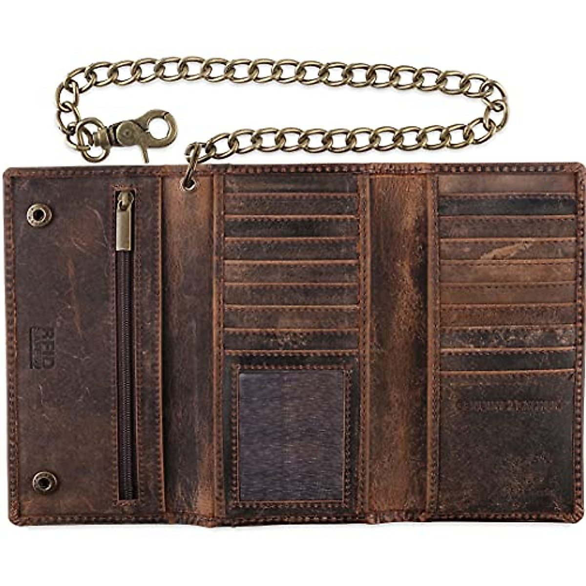 F&L CLASSIC RFID Blocking Mens Tri-fold Long Style Cowhide Leather Steel Chain Wallet,buffalo vintage leather