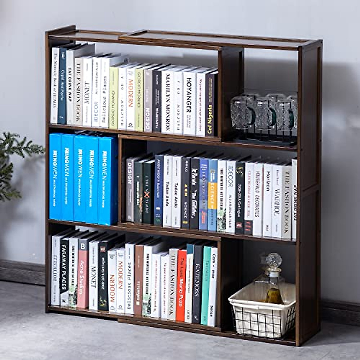COPREE Multifunctional 4-Layer + 4-Layer Bookshelf Combination,Bamboo 4 Tier Book Shelves, Walnut-Colored Freestanding Book Rack Organizer Shelving Unit Storage for Living Room, Bedroom and Office